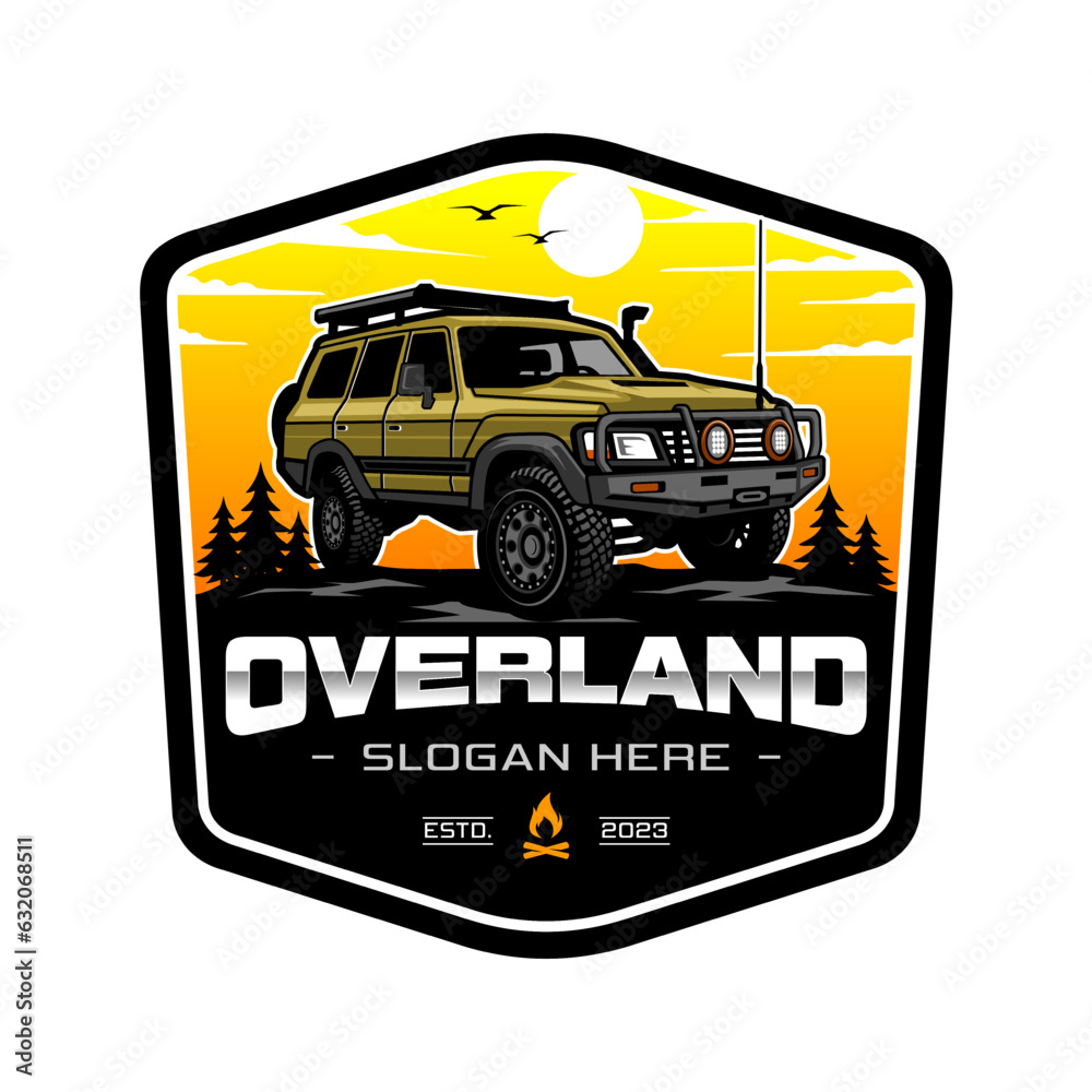 Illustration of a yellow overlander car logo, with a sunset background ...