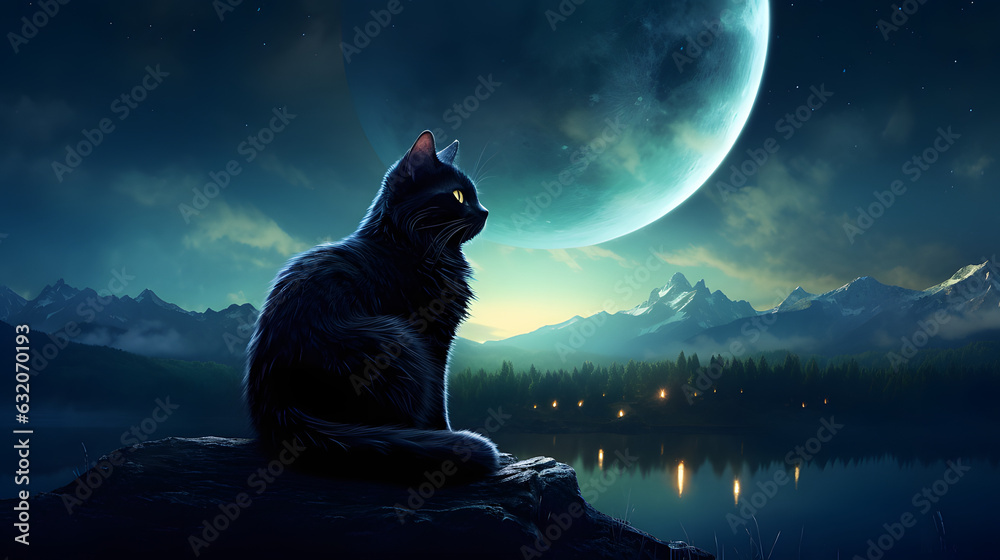 Black cat with a crescent moon and nature background hd desktop ...