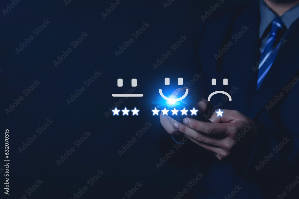 business man showing happy smile good feedback rating positive customer ...