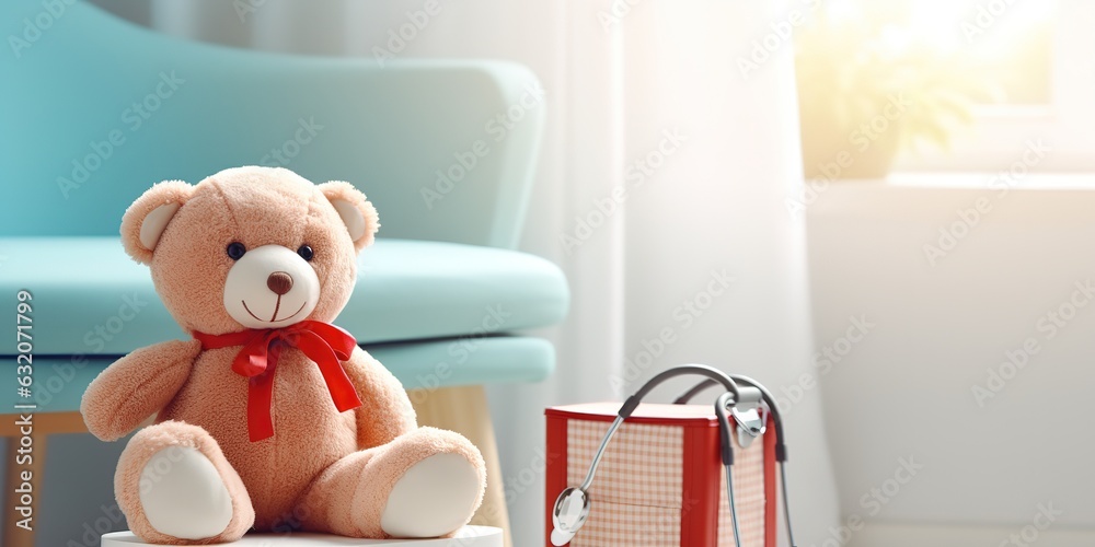 First aid kit, stethoscope and cute teddy bear on white chairs in the ...