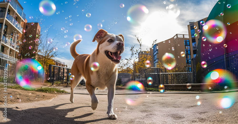 Delightful city dog playfully chasing enchanting soap bubbles against a ...