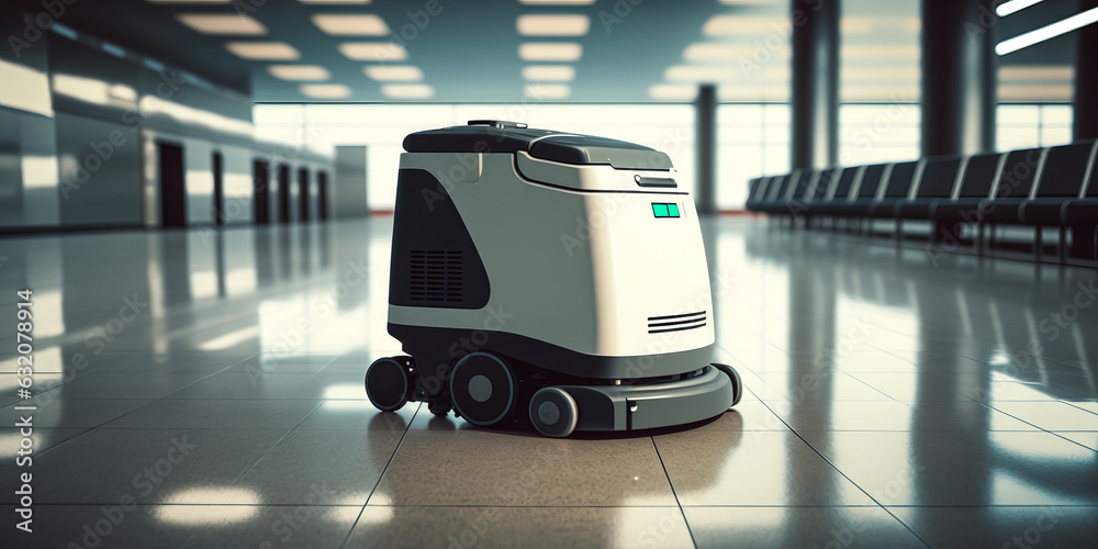 High-tech floor cleaning robot operates in a modern commercial area ...