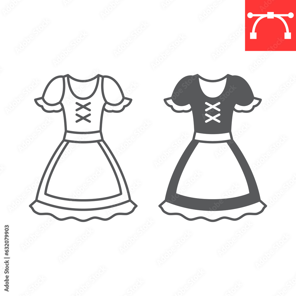 Dirndl line and glyph icon, oktoberfest and clothing, festival costume vector icon, traditional ...