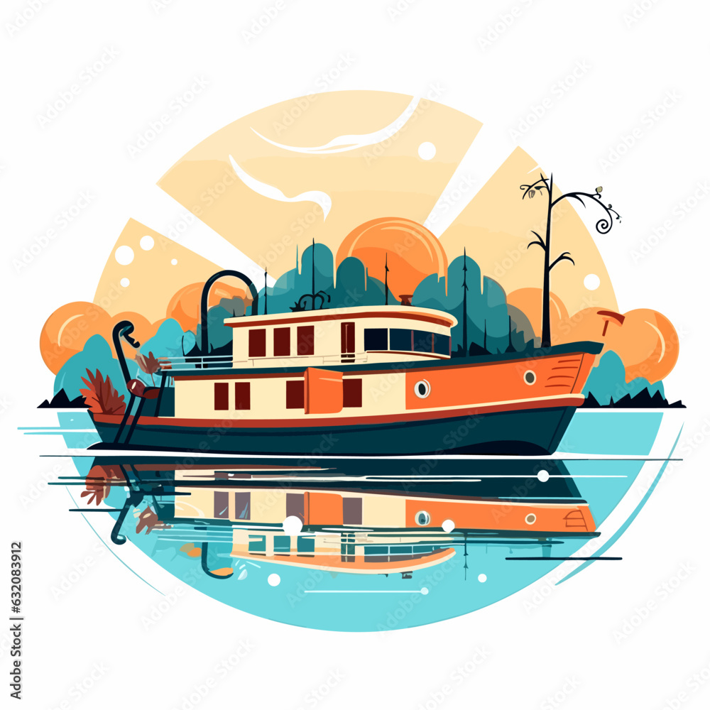 Typical touring boat. Leisure and holidays on the water. Cartoon vector ...