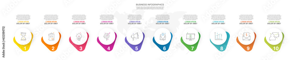 Vetor de Vector infographic design template. Modern timeline concept with ten steps, circles ...