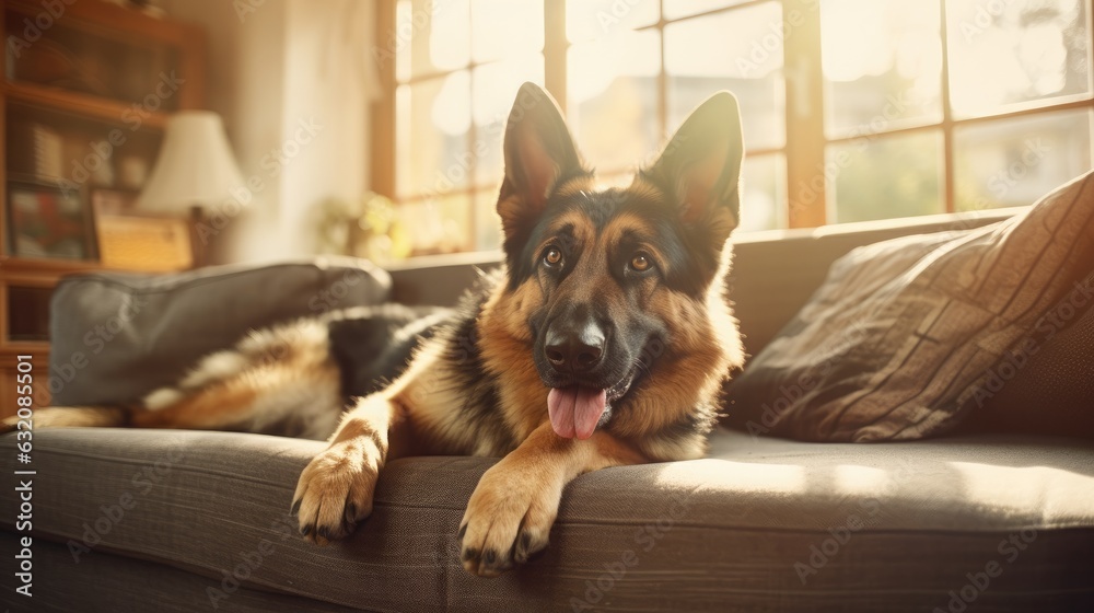 happy dog is lying on a cozy sofa in a modern living room Stock Photo ...