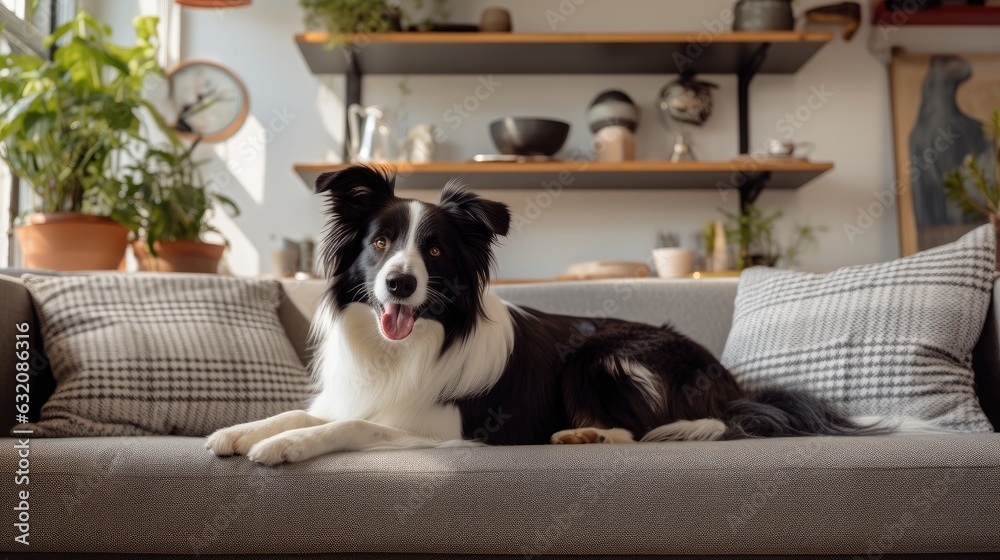 happy border collie dog is lying on a cozy sofa in a modern living room ...