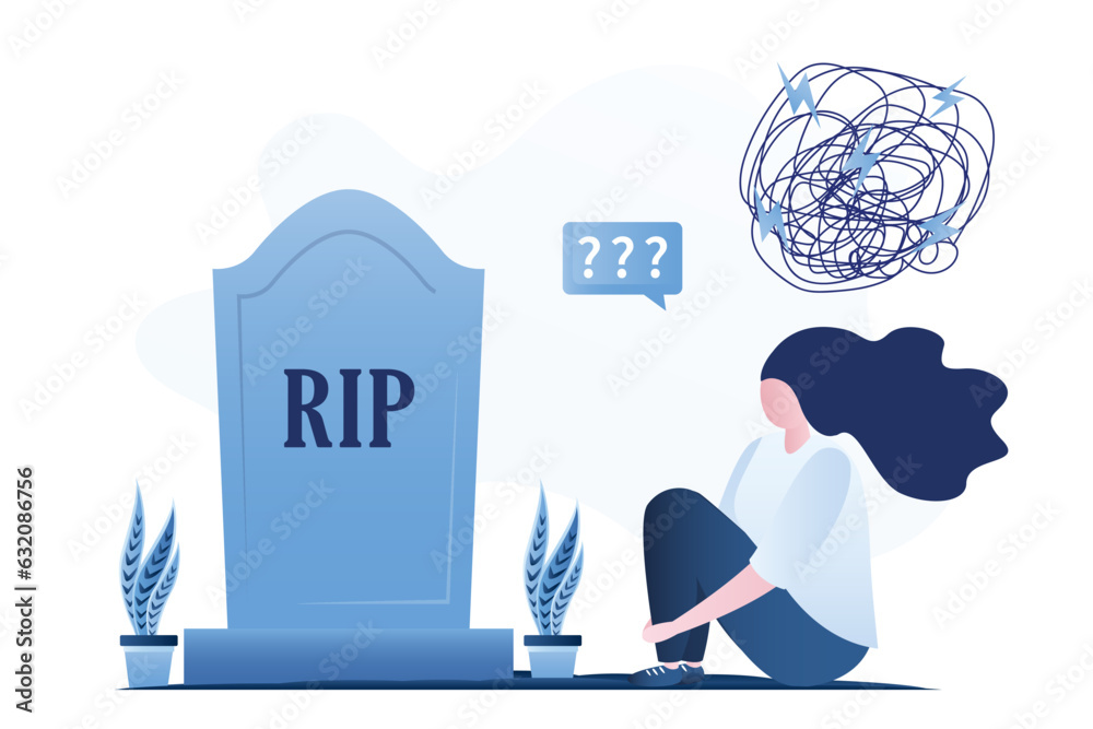 Disorder woman crying on grave of husband. Sad girl grieving in ...