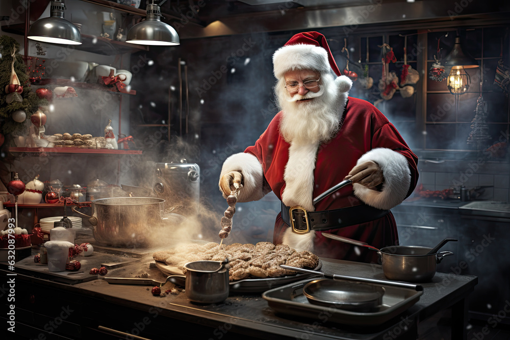 Santa Claus in a chef's uniform, cooking chrismast cookies Stock Photo ...