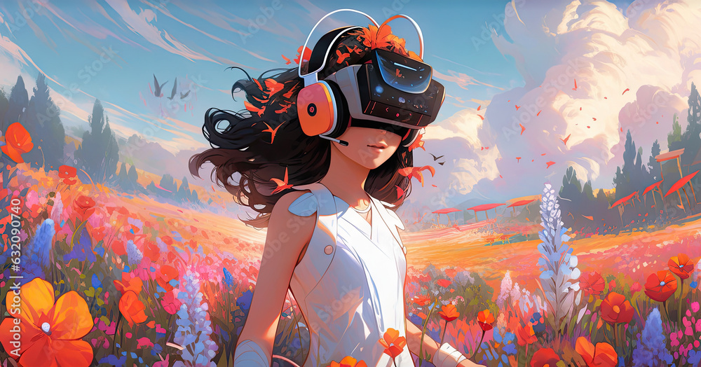 Cute Girl in vr glasses, Woman Character wearing virtual reality ...