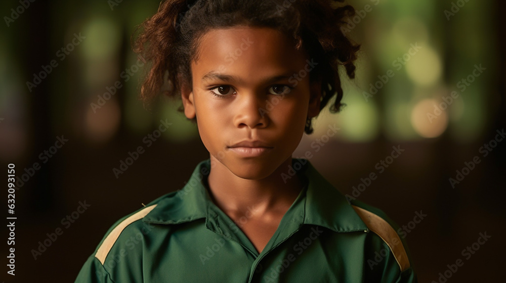 An Indigenous Australian Aboriginal teenage boy wearing a green jacket ...