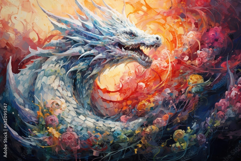 Generative AI, Dragon drawn fantasy illustration in impasto style ...