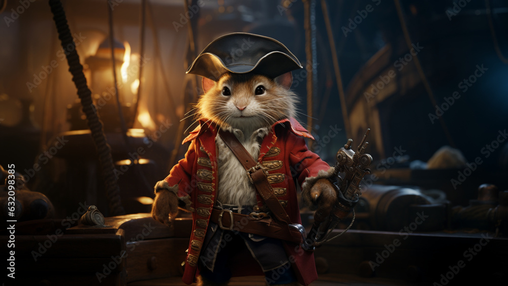 Pirate hamster on the ship ready to command. Mystical animal fantasy ...