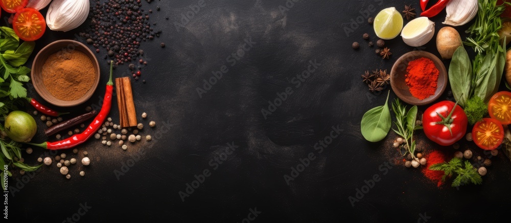 food cooking background, with a cutting board, spices, herbs, and ...