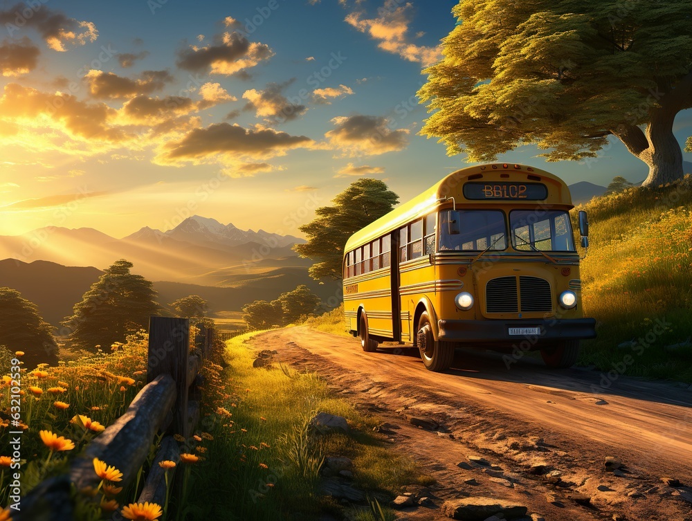 Yellow school bus on a country road, school bus driving on a field road ...