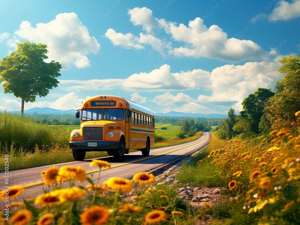 Yellow school bus on a country road, school bus driving on a field road ...