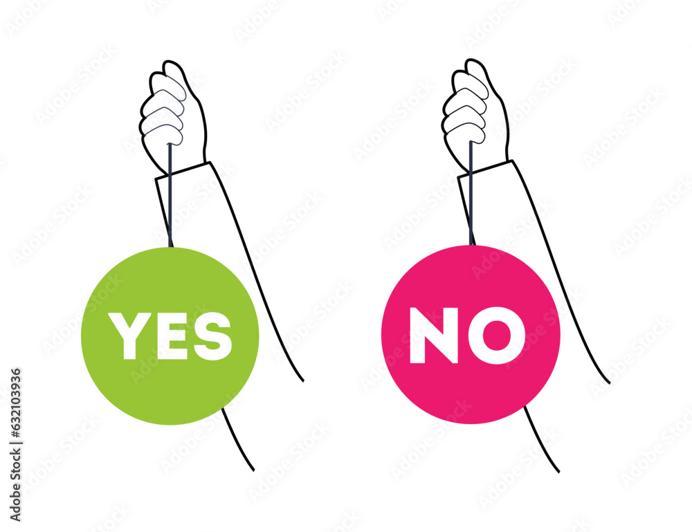 Two hands hold two Yes or No tables. Make a choice yes or no. Line ...