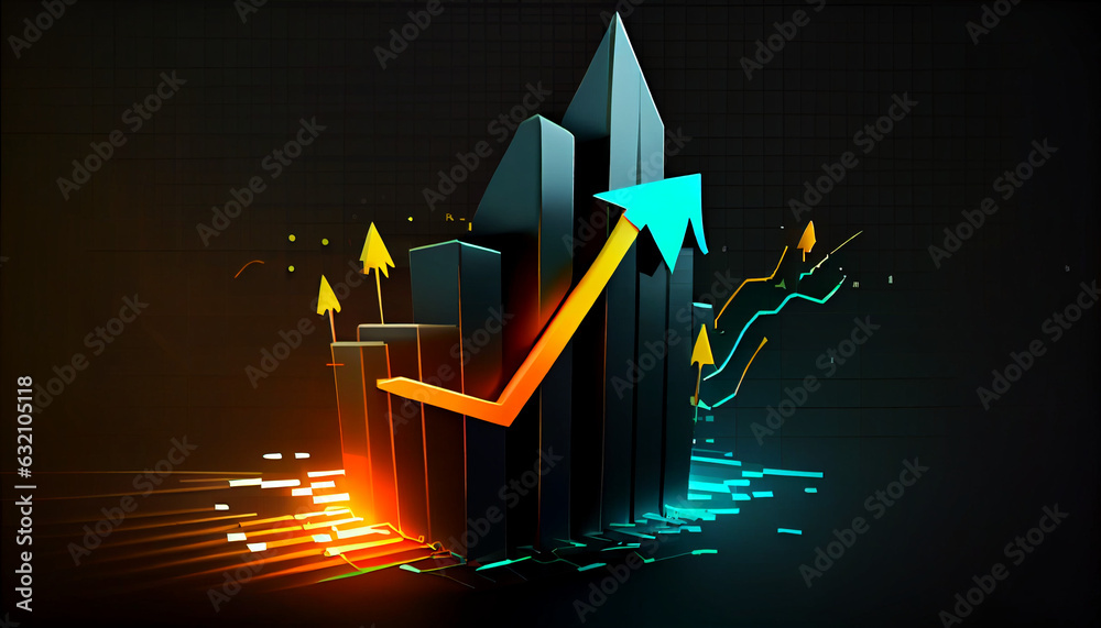 3d Graph showing rise in profits with arrow. Growing graph Business ...