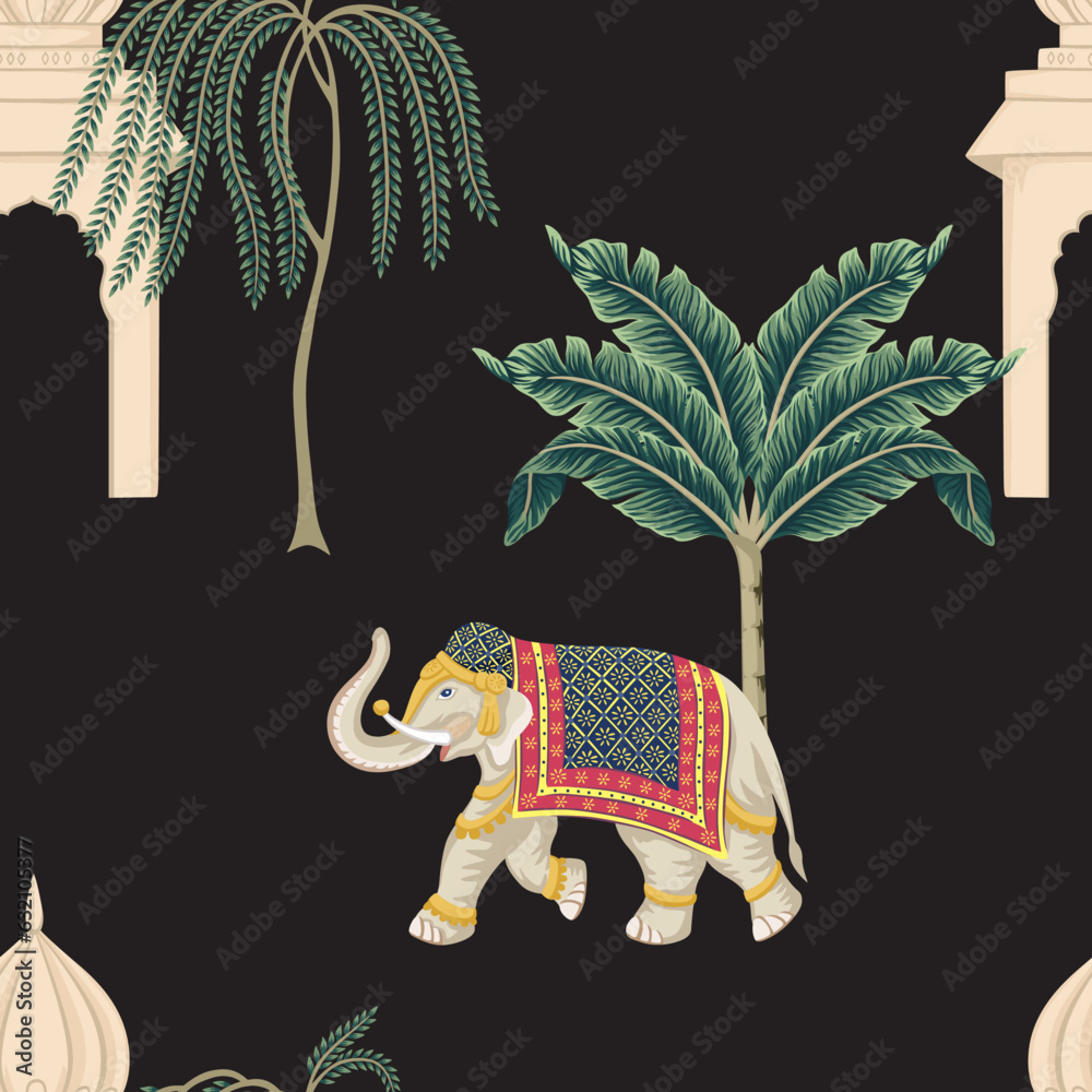 Indian white elephant in the night city seamless pattern. Oriental ...