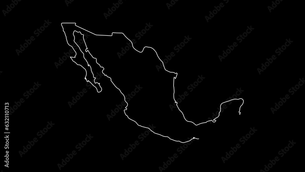 Mexico map animation line. White line drawing on a black background ...