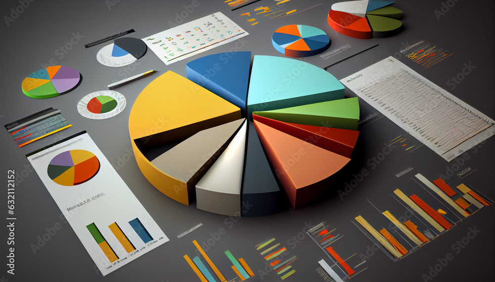 Various financial documents, graphs, reports, 3d, pie charts, 3d chart ...