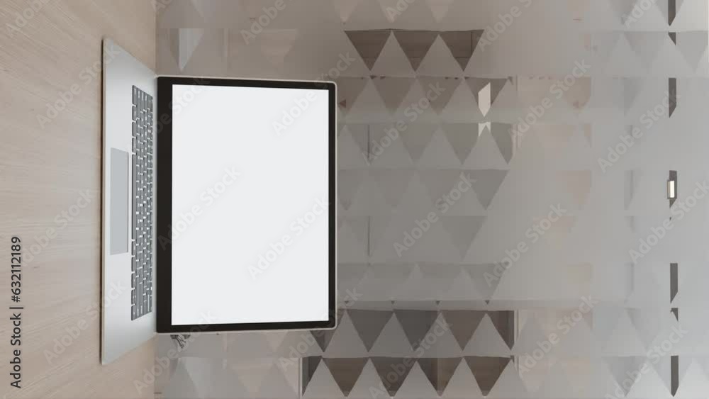 vertical office desk with laptop computer blank empty white greenscreen ...