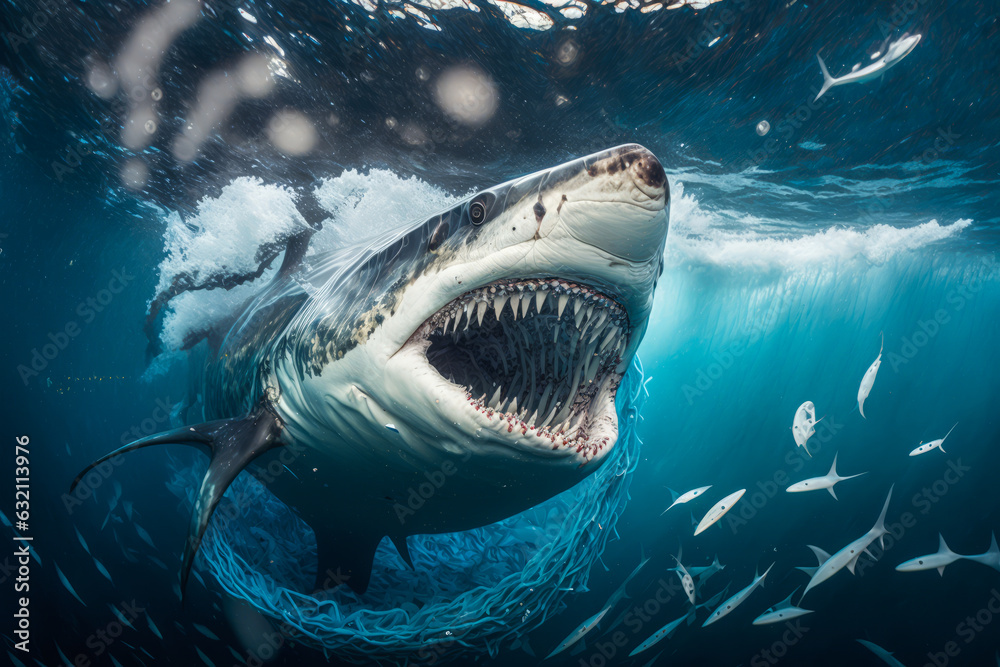 Powerful Great White Shark navigating through swirling ocean pollution ...