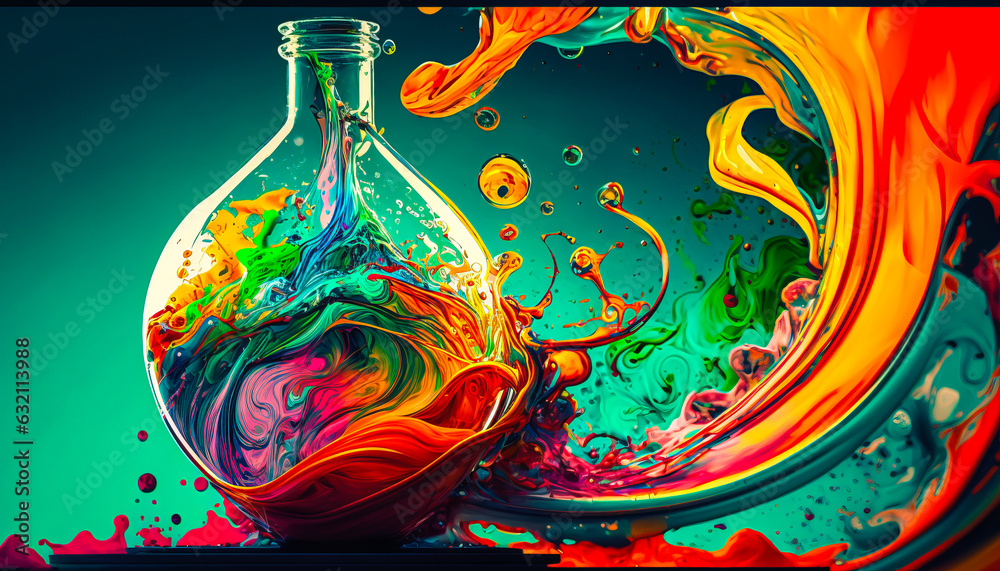 Dynamic abstract swirl of vivid, colored liquids in lab flask with ...