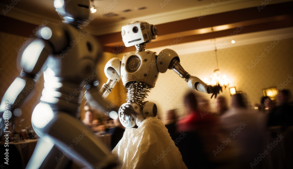 Enthralling depiction of a humanoid robot dancing joyously with a human ...