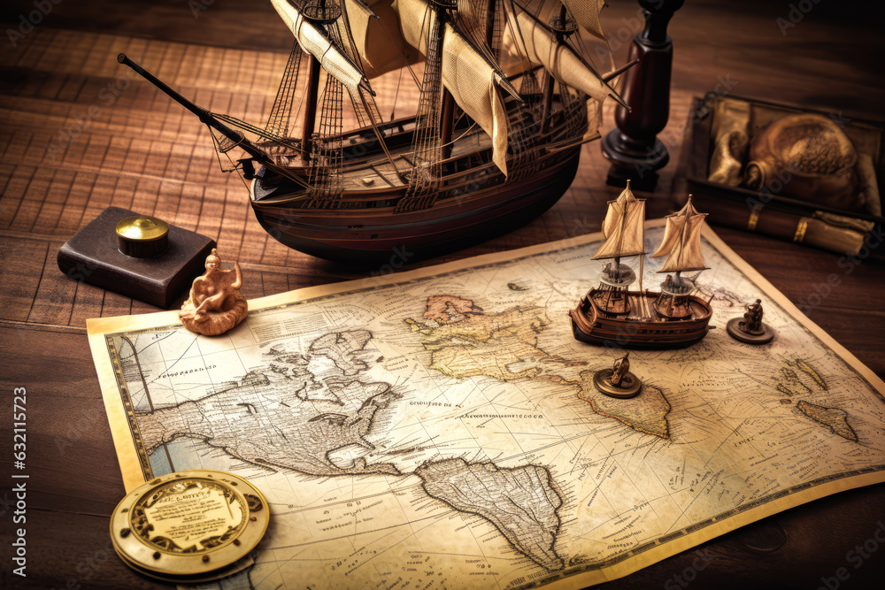 Vintage map highlighting a grand sailboat's exciting ocean journey ...