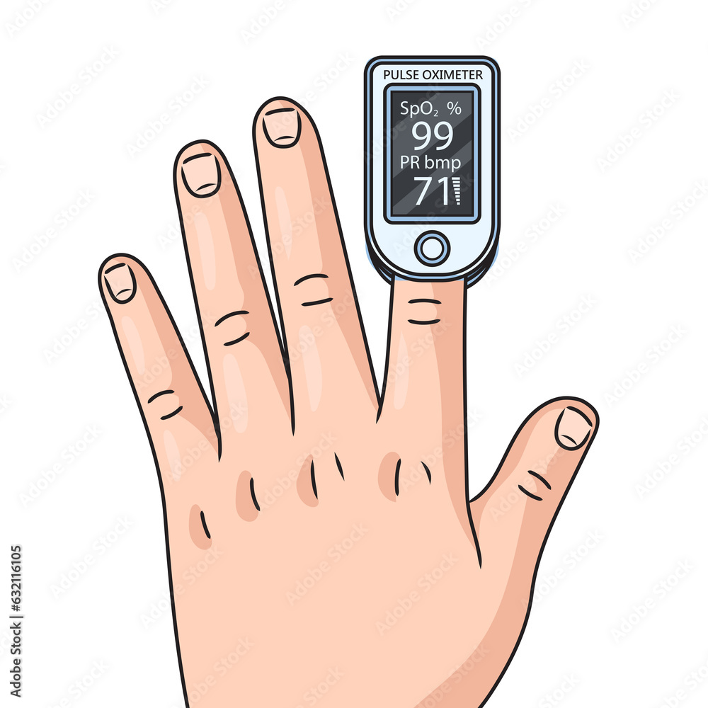 Pulse oximeter probe on finger diagram schematic raster illustration ...