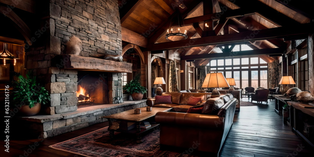 inviting and cozy lodge lobby in a mountain retreat, featuring a stone ...