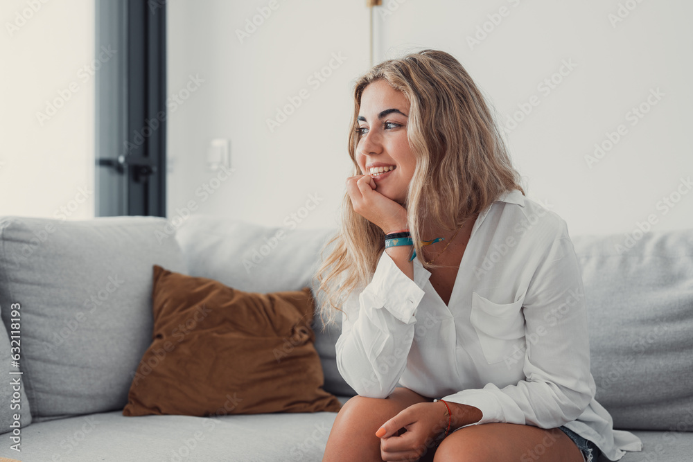 Happy young woman look in distance feeling positive and optimistic ...