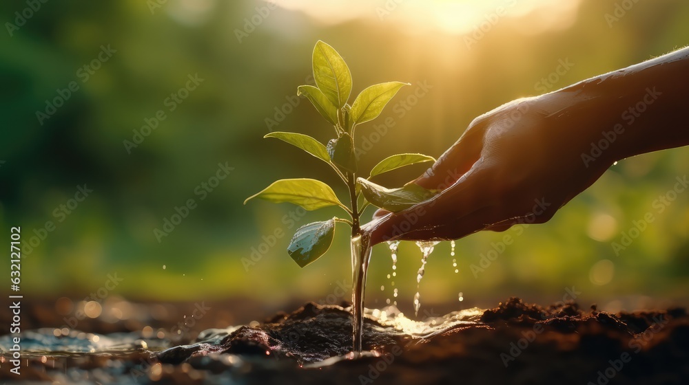 hand watering water to young tree growing up in park in sunset, save ...