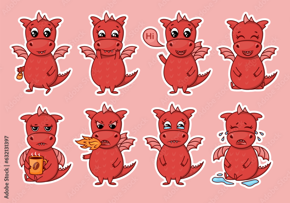 Dragon cartoon character. Cute red dragon sticker emoticon with ...