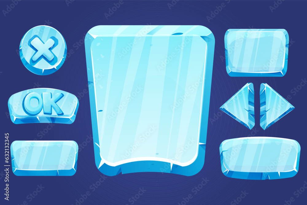 Vetor de Set frozen ice frames, panels for game menu arows, buttons, ok ...