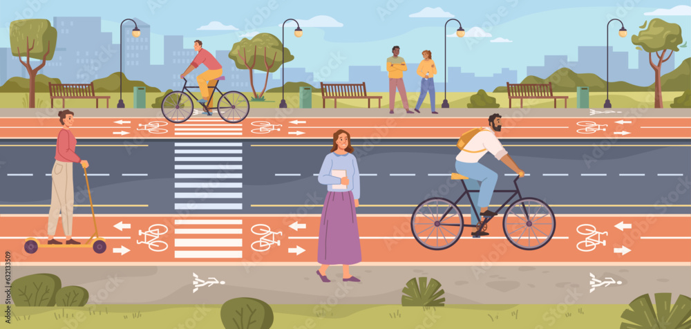 Bike walking path, cyclist traffic or road rules flat cartoon vector ...
