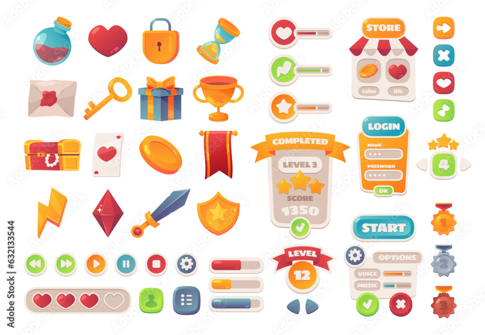 Game interface design elements and UI, flat cartoon vector illustration ...