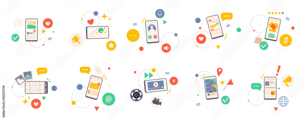 Poster Smartphones with application presentation, flat cartoon vector ...