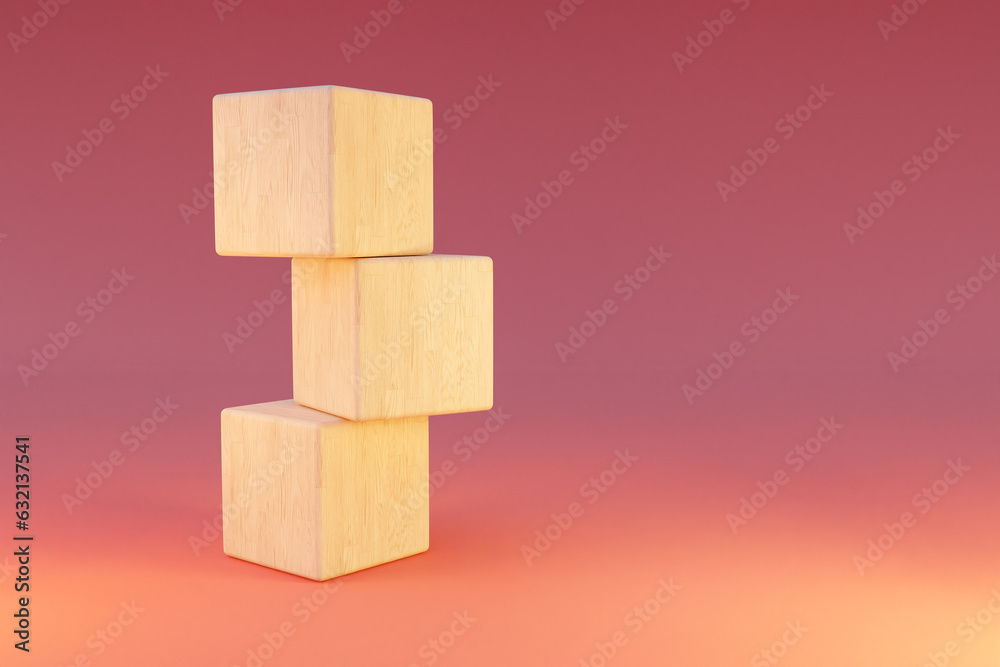 wooden stack of three cubes on infinite background; pedestal for beauty ...
