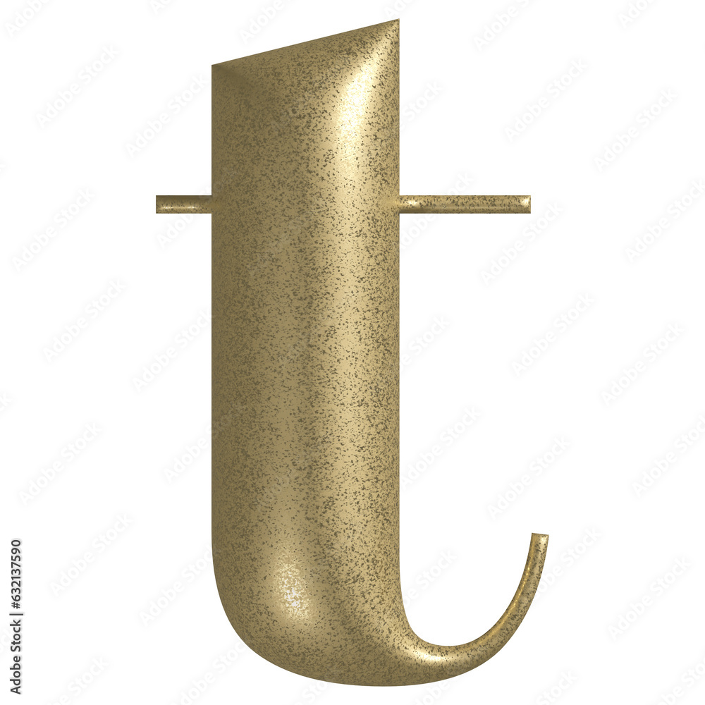 3d letter T with realistic gold texture. Metal, inflate, lower case t ...