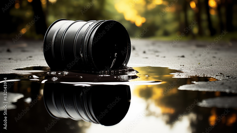 Black crude oil barrel and reflective oil spill with a dark. Park blur ...