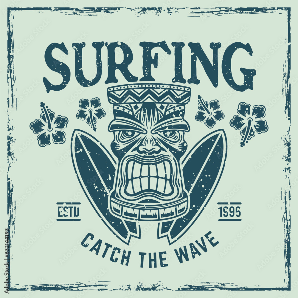 Surfing vector emblem, badge, label, sticker or logo with tiki head and ...