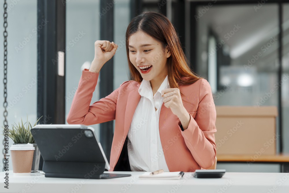 Excited Female secretary business woman in South Korean workplaces ...