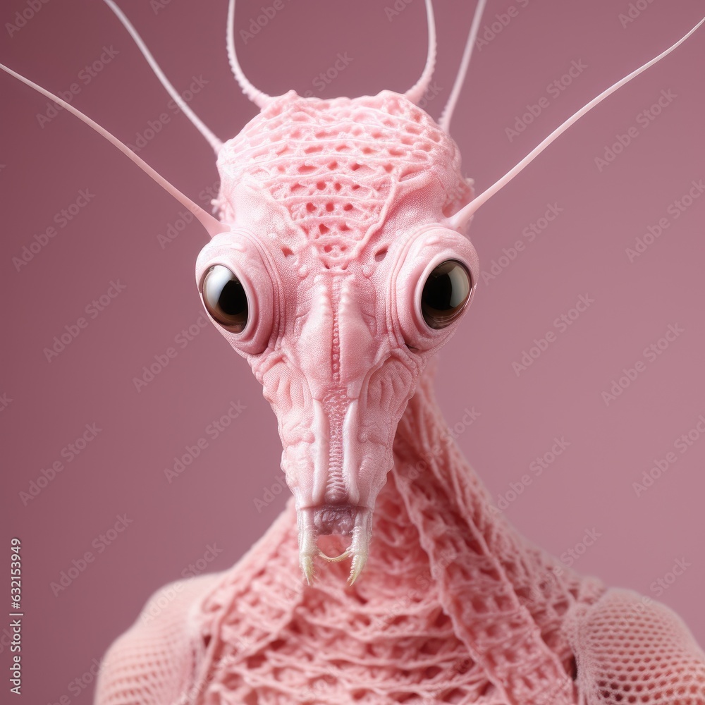 Giant humanized praying mantis portrait dressed pink knitted clothes ...