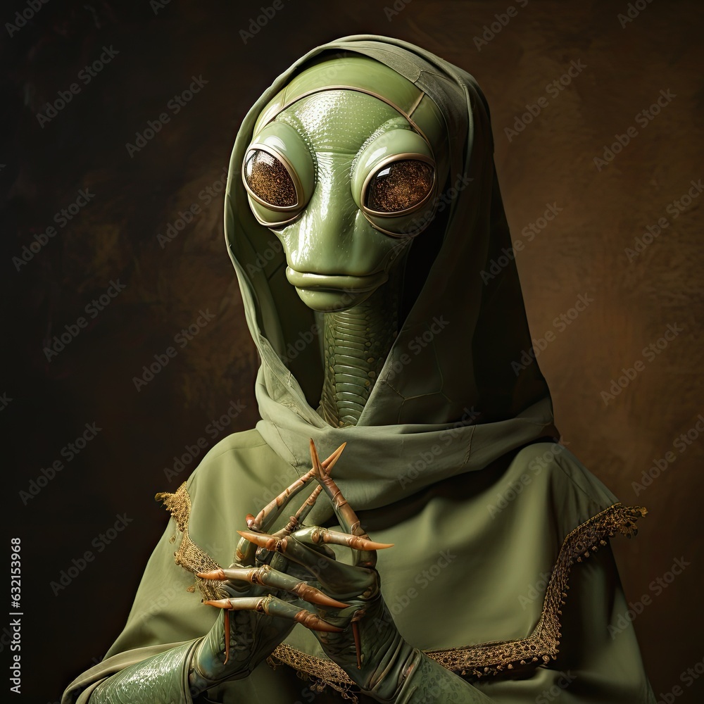 Giant humanized praying mantis portrait dressed in khaky gown. Parallel ...