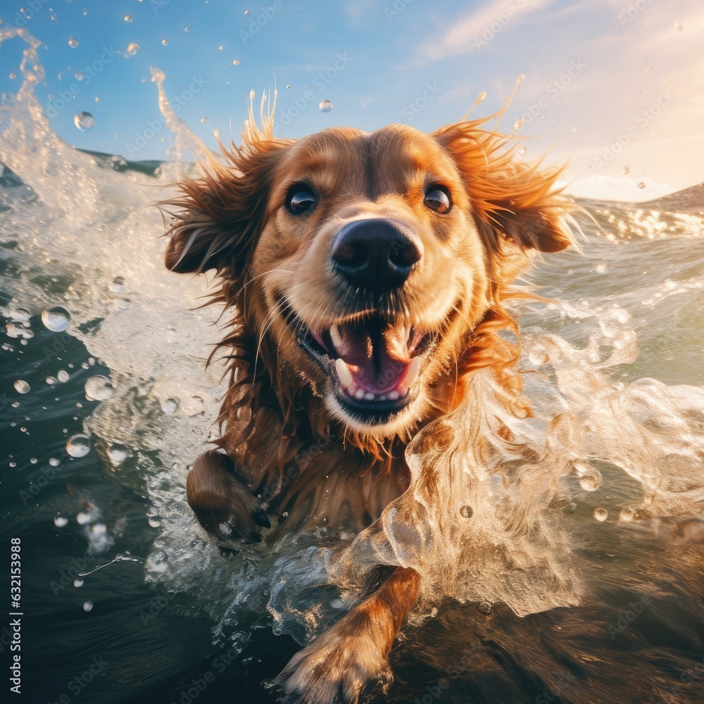Wet smiling dog. Closeup image of swimming golden retriver in water ...