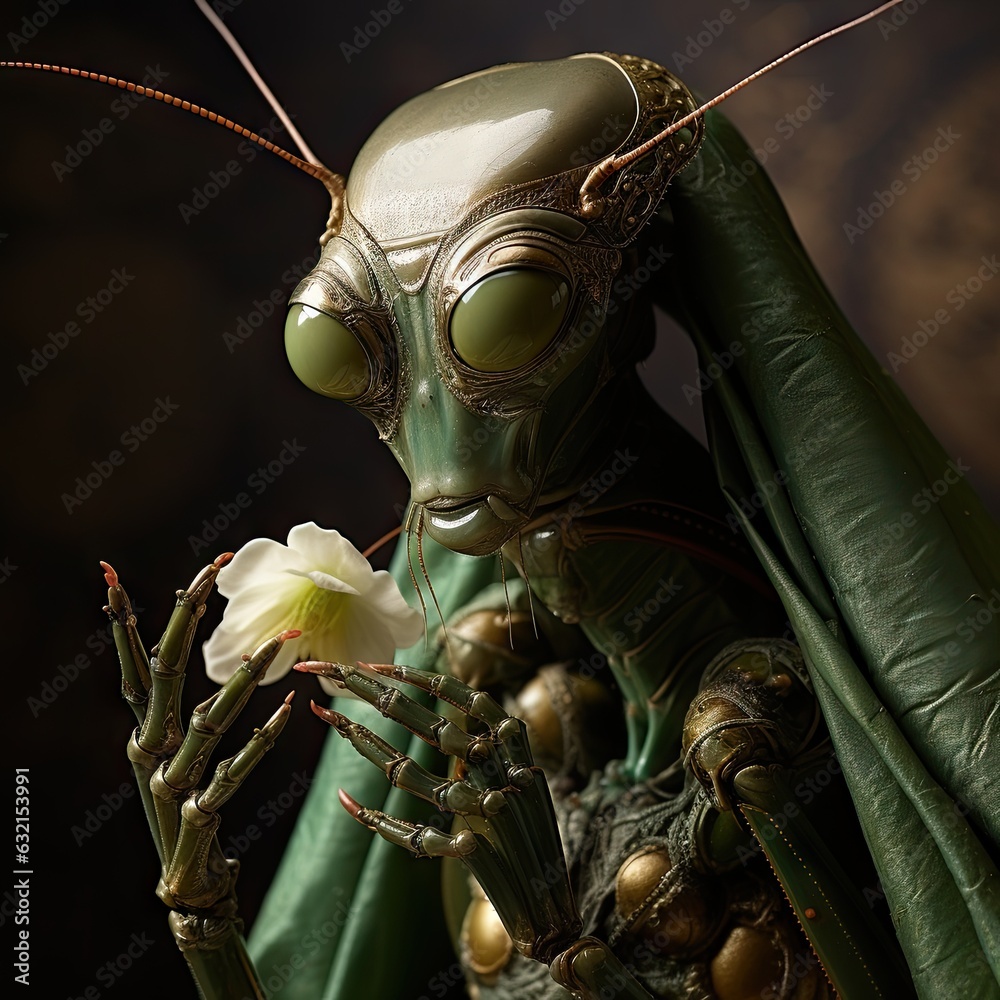 Giant humanized praying mantis portrait dressed in khaky gown holding ...