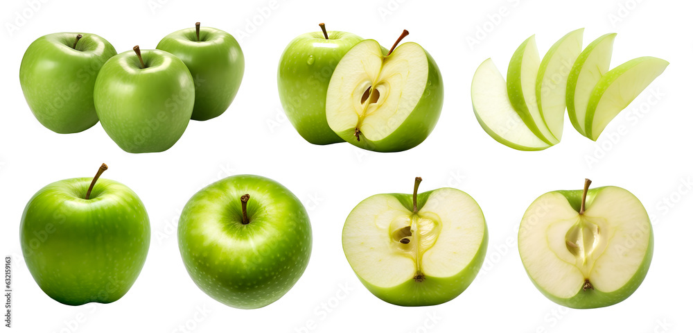 Green apple apples, many angles and view side top sliced halved cut ...