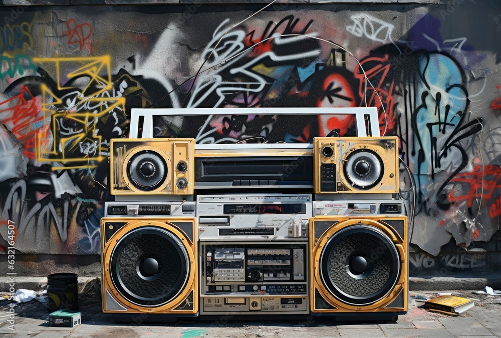 Boombox vector illustration with mural background. 80s technology. 90s ...